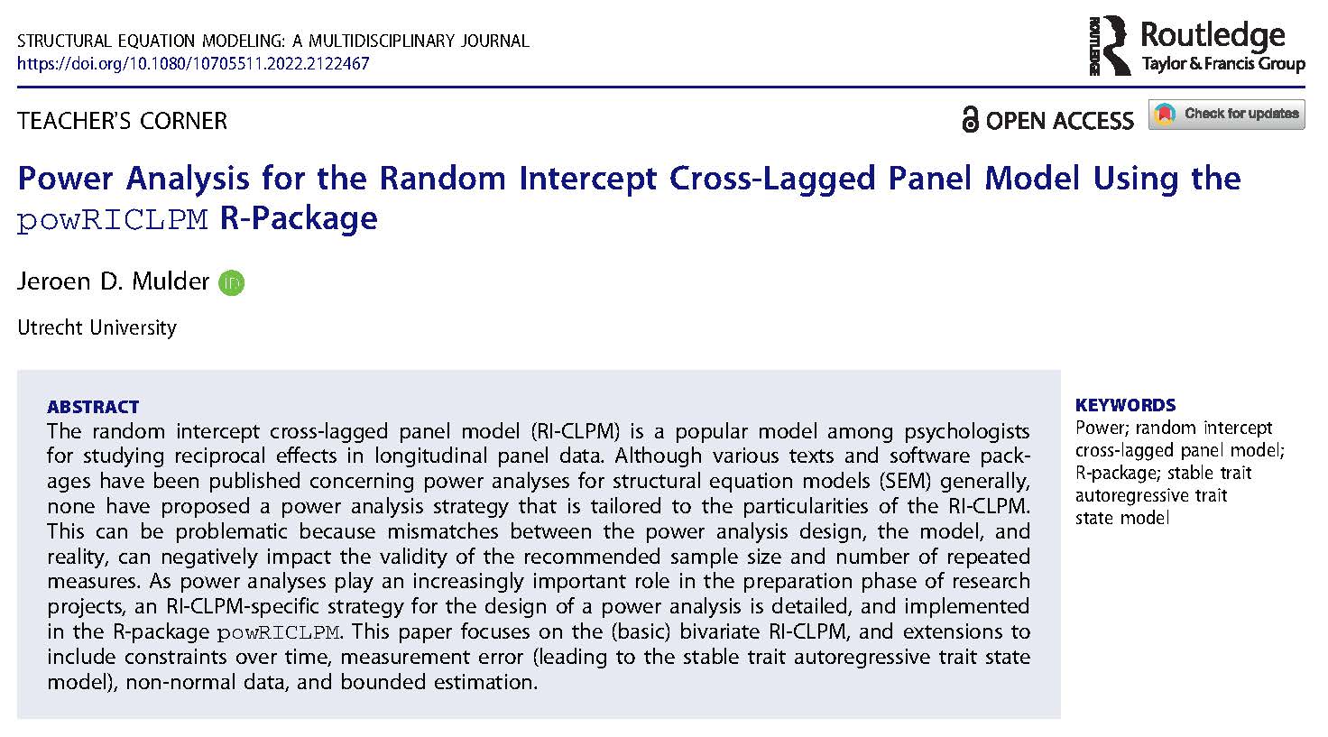 Power analysis for the random intercept cross-lagged panel model using the powRICLPM R-package ...